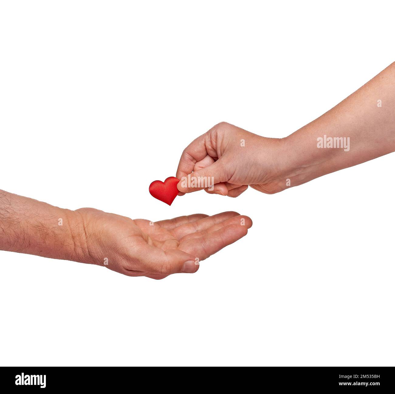 Woman gives red heart to man, isolated on white background and copy ...