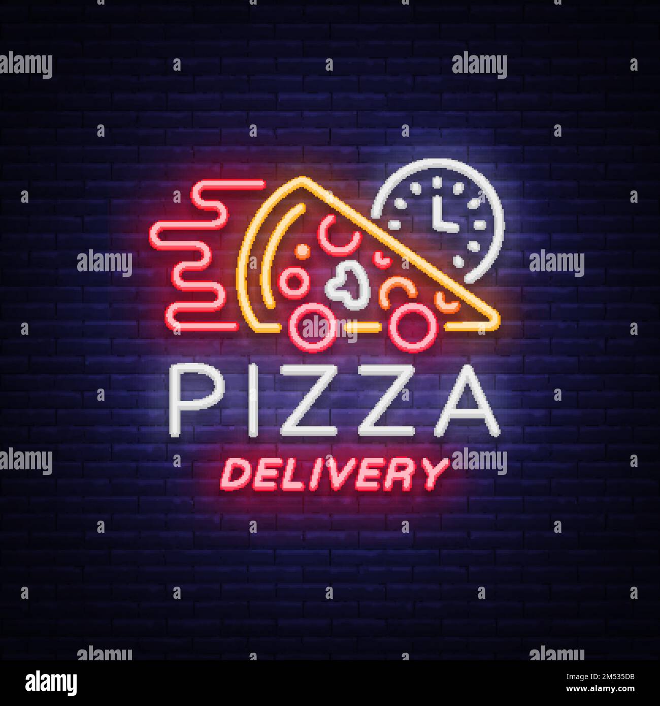 Delivery pizza neon sign. Logo in neon style, light banner, luminous ...