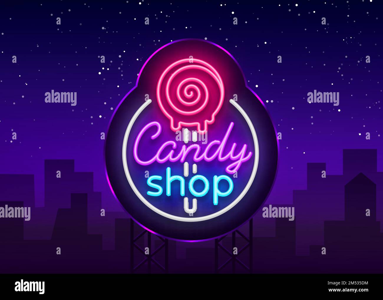 Candy shop logo in neon style. Store sweets neon sign, banner light, bright neon night sweets ...