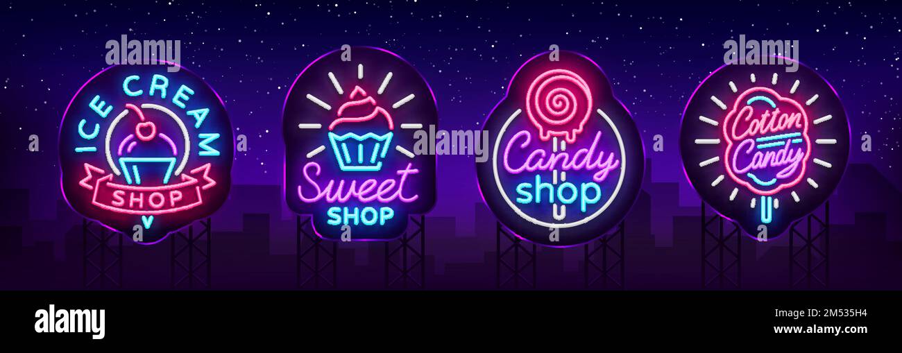 Sweets Shop is collection logos of neon style. Ice cream shop, Cotton ...