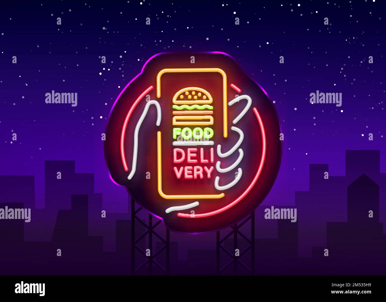 Food Delivery neon sign. Smartphone in hands, ordering food through ...