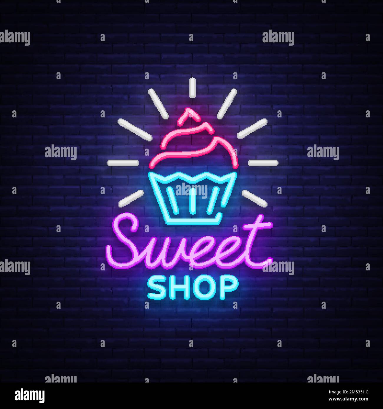 Sweet Shop logo is neon style. Candy Shop neon sign, banner light, bright neon night sweets ...