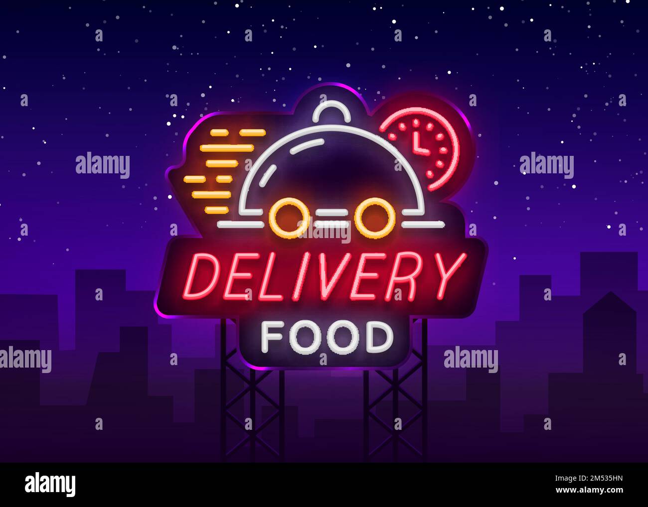 Food delivery neon sign. Logo in neon style, light banner, luminous ...