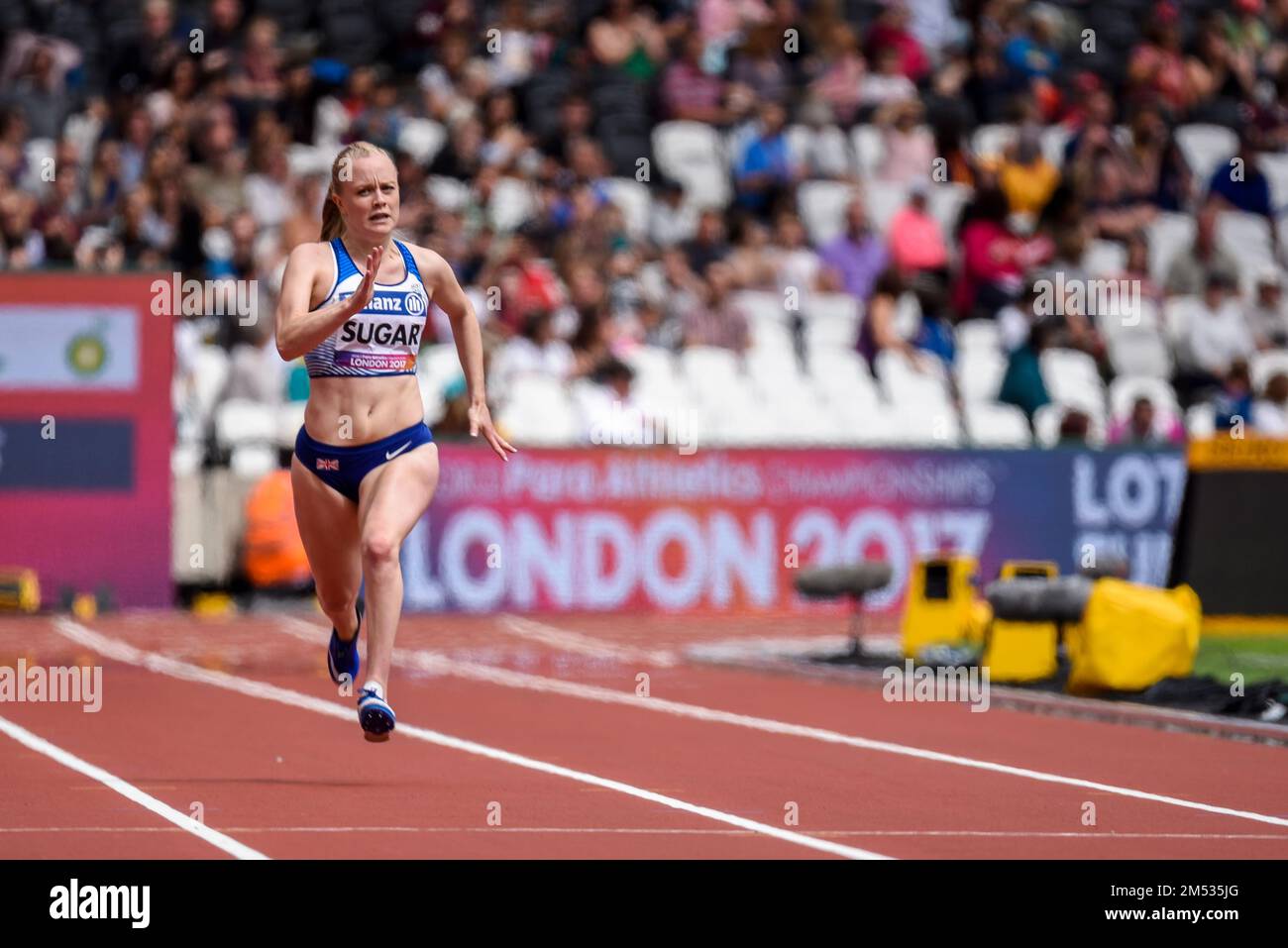 Laura Sugar competing in the Women's 200m T44 race at the 2017 World Para Athletics ...