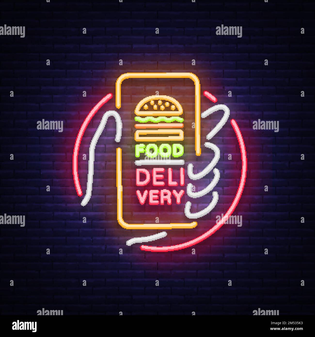 Food Delivery neon sign. Smartphone in hands, ordering food through ...