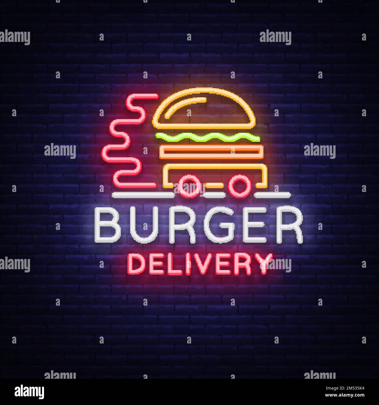 Burger delivery logo in neon style. Neon sign, light banner, design ...