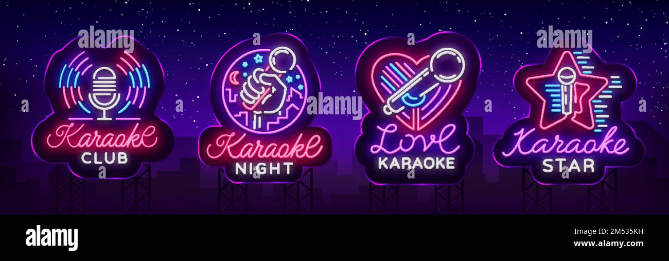 Karaoke set of neon signs. Collection is a light logo, a symbol, a ...