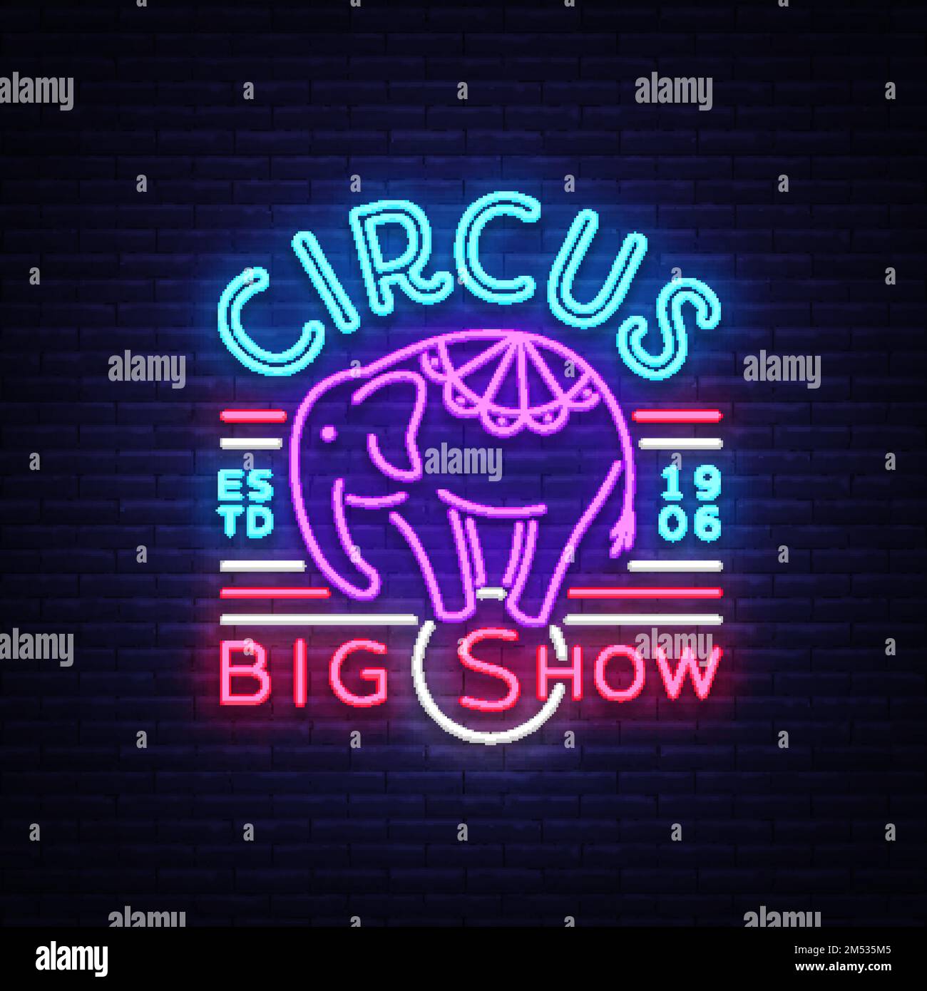 Circus Neon Sign Big Show Design Template Logo With Elephant In Neon