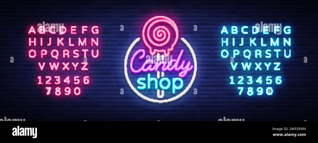 Candy shop logo in neon style. Store sweets neon sign, banner light, bright neon night sweets ...
