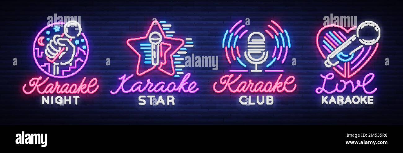 Karaoke set of neon signs. Collection is a light logo, a symbol, a ...