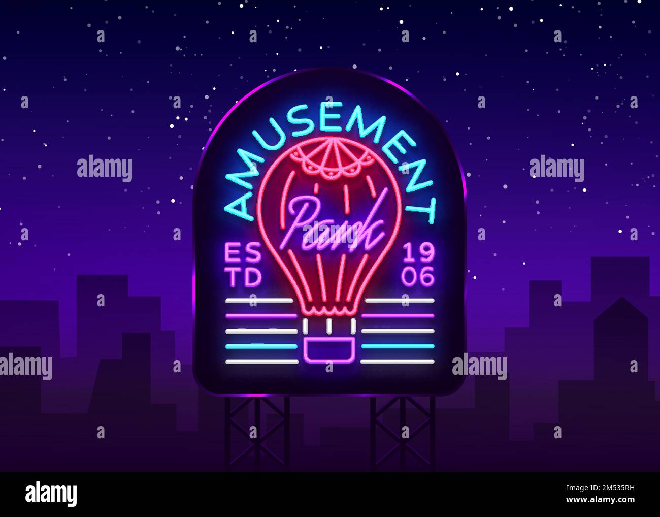 Amusement Park logo in neon style. Design template with a balloon. Neon ...