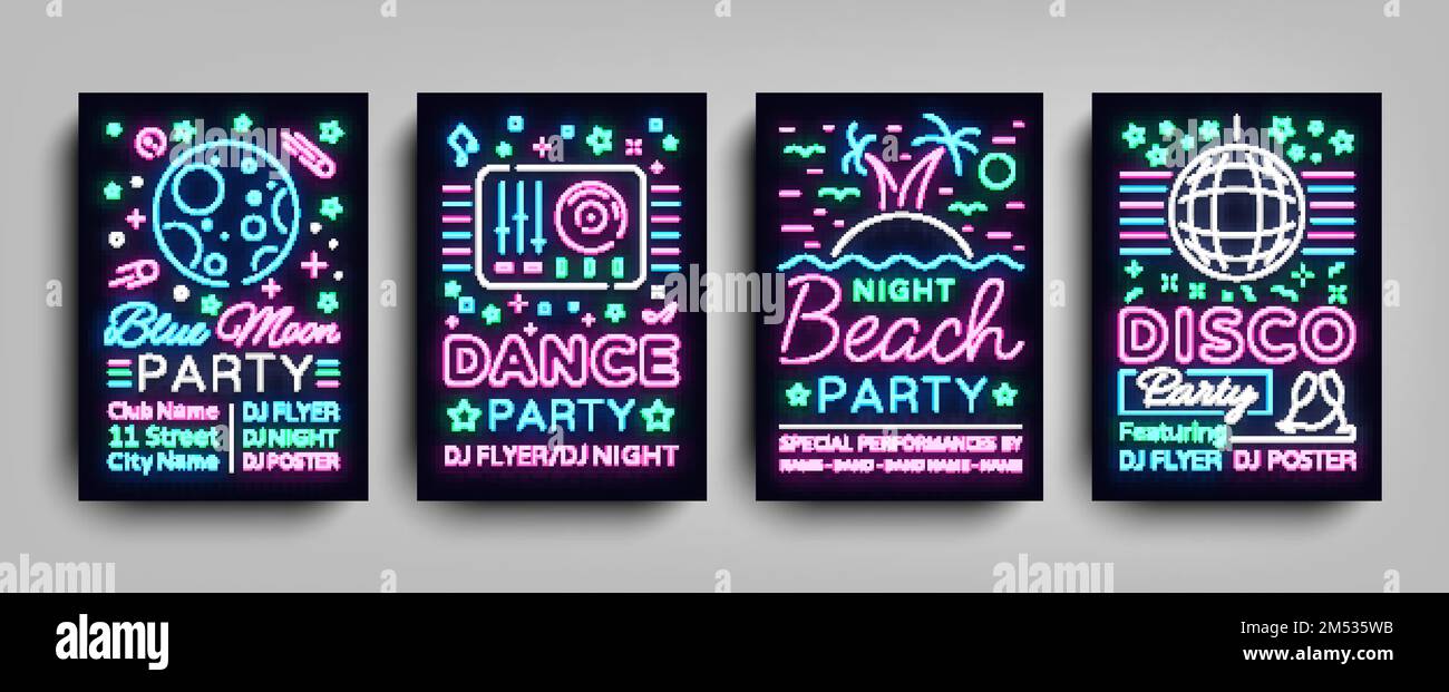Nightclub party collection of posters. Night party, Neon sign, neon ...