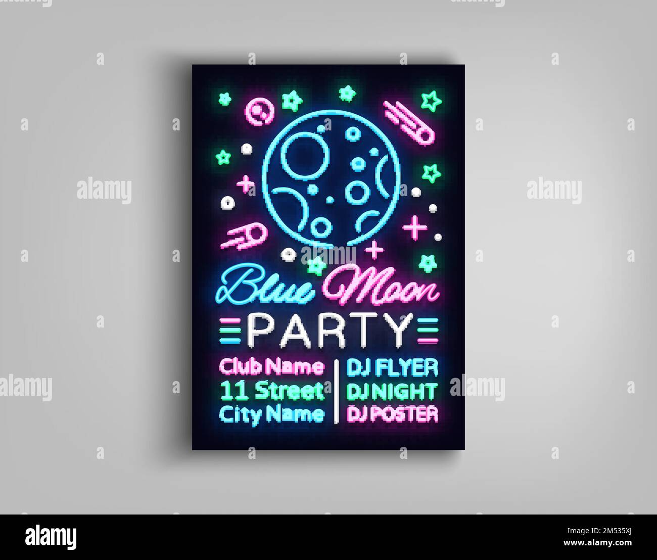 Night party poster design template in neon style. Blue moon night party ...