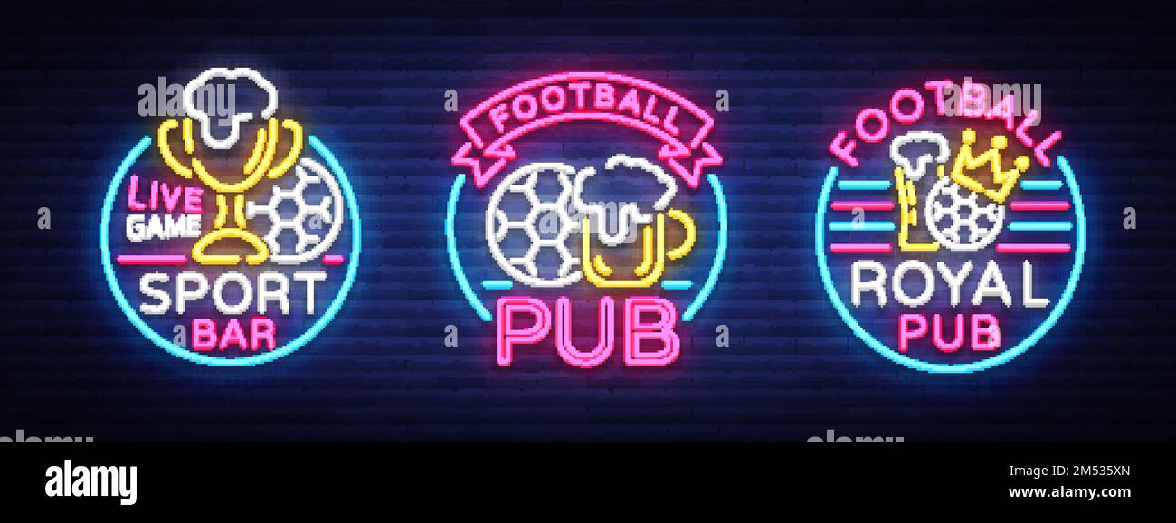 Sports bar collection of logos in neon style. Set neon signs, soccer ...
