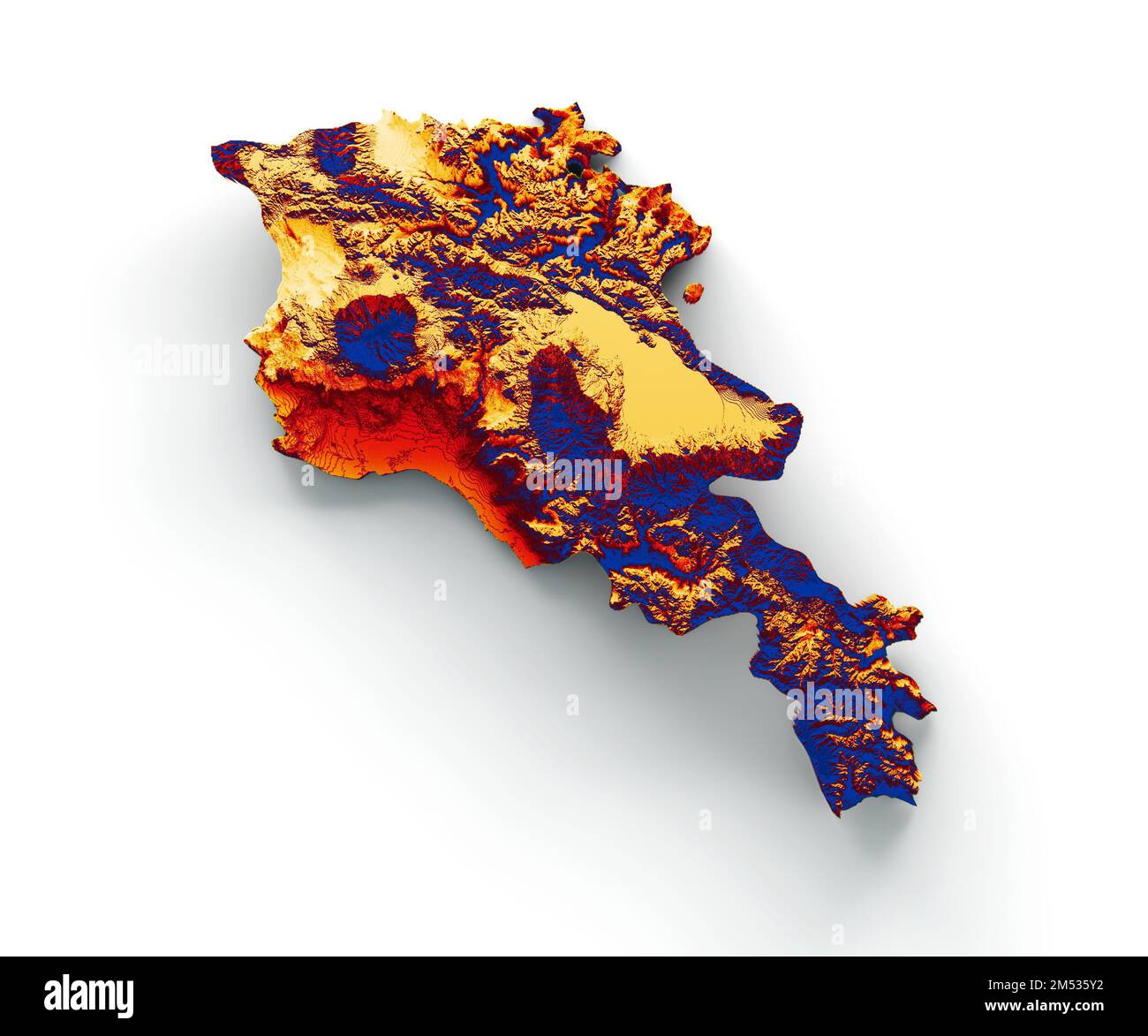 A 3d illustration of the Armenian shaded relief map with the flag Colors Red, Blue and yellow ...