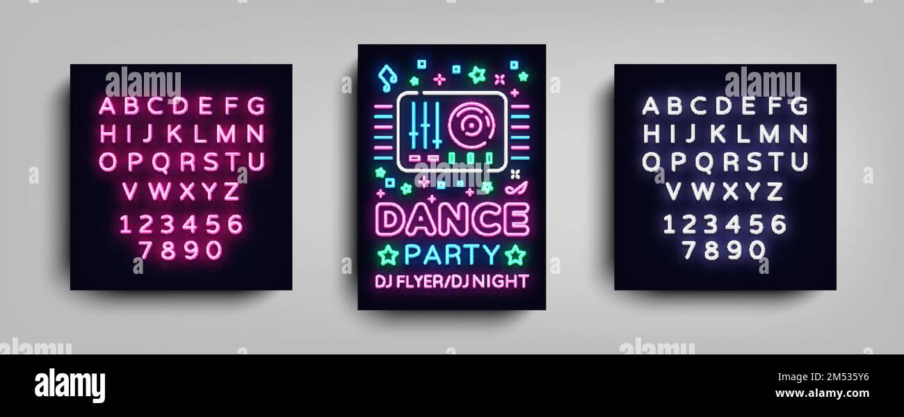 Dance party poster design template in neon style. Night party DJ neon ...