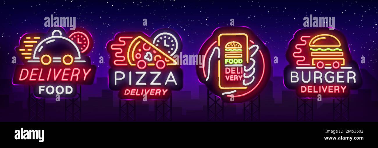 Food delivery set neon signs. Logotype collection neon, light banner ...