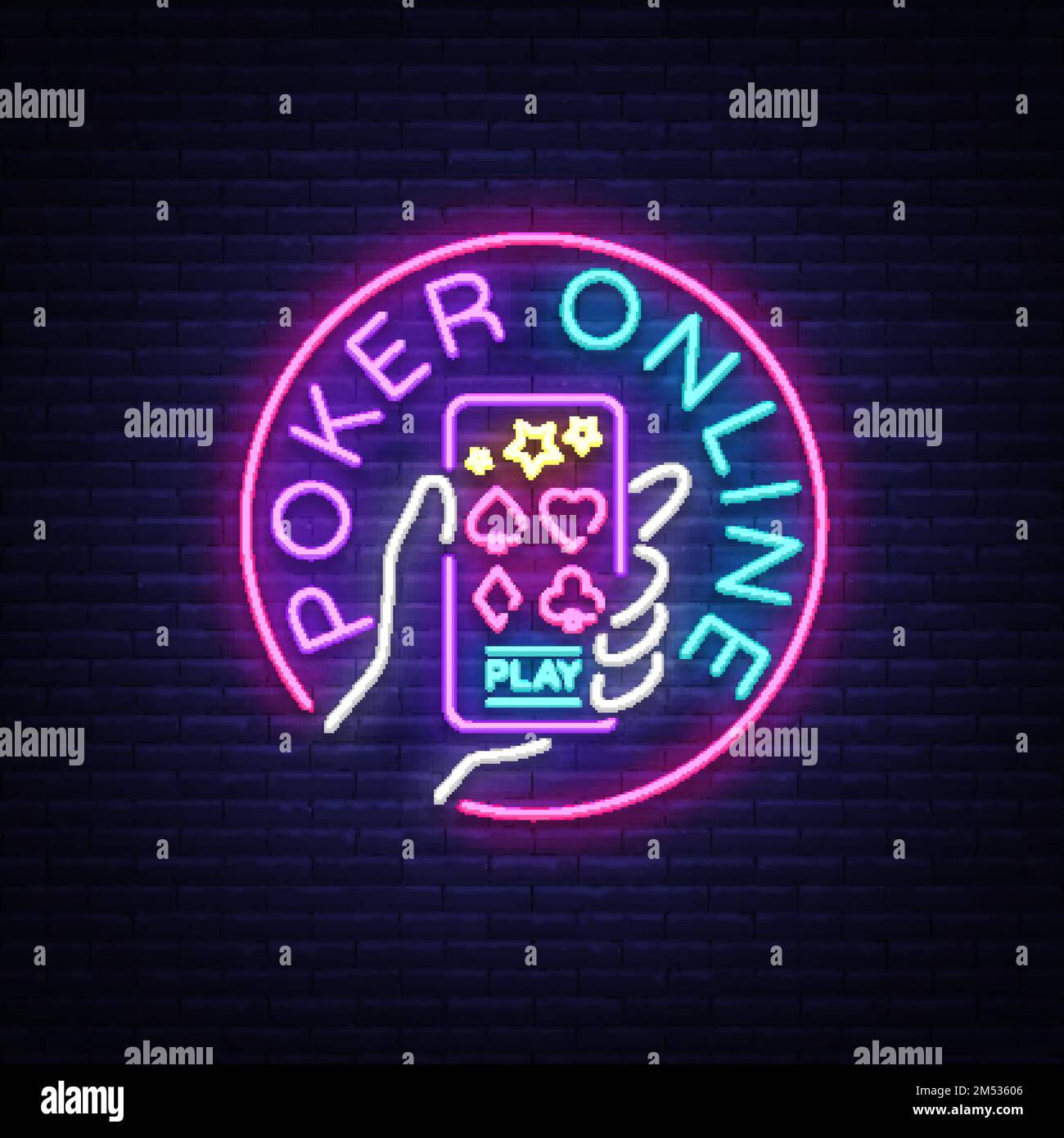 Online Poker logo in neon style. Design a smartphone template in your ...