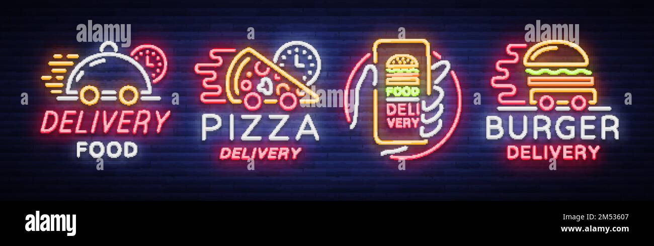 Food delivery set neon signs. Logotype collection in neon style, light ...