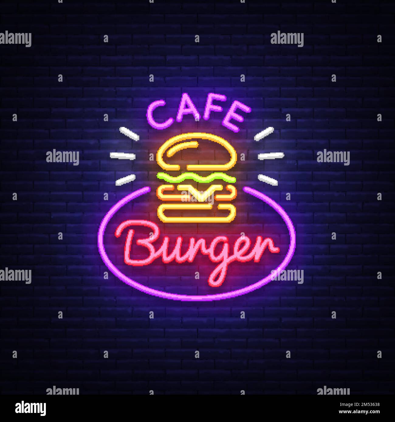 Burger cafe neon sign. Fastfood burger sandwich neon style logo, bright ...