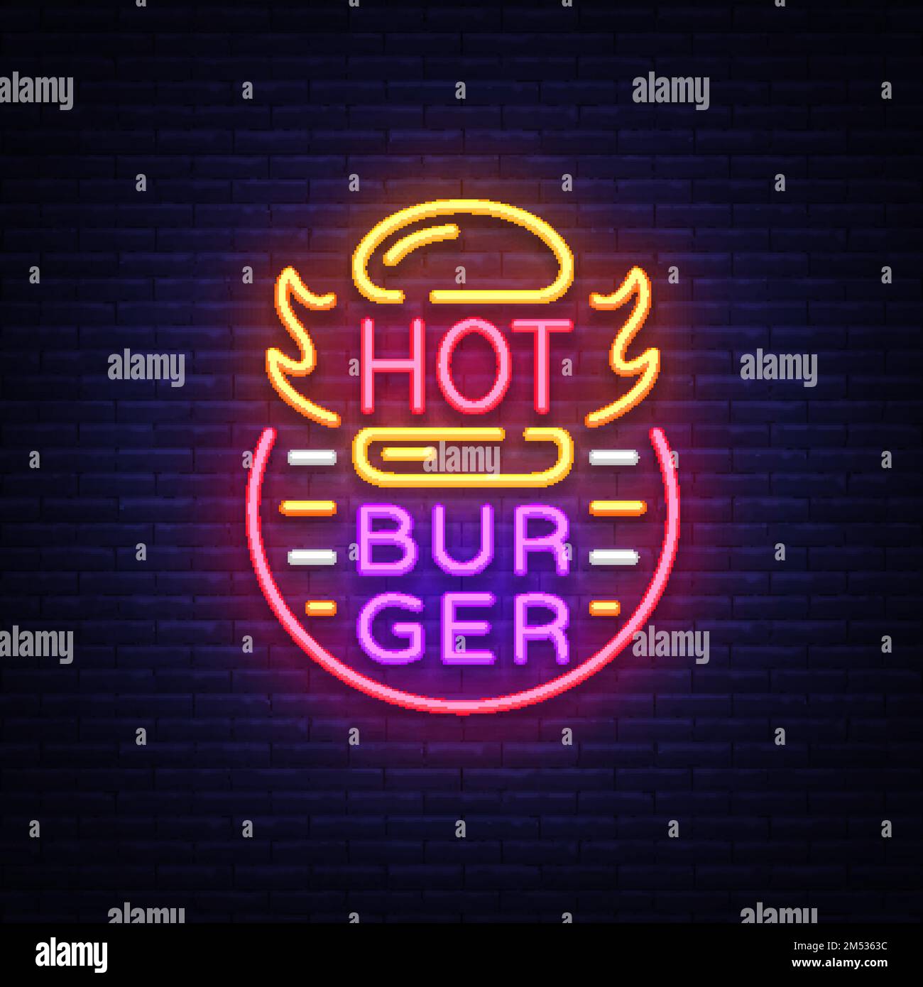 Hot Burger neon sign. Fastfood burger sandwich neon style logo, bright ...