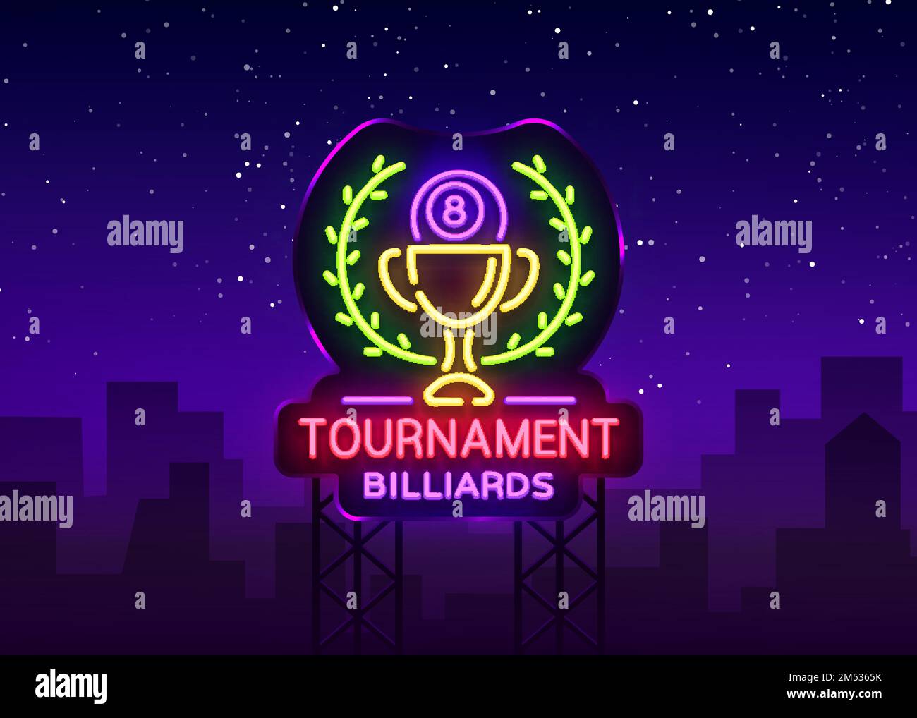 Billiards Tournament logo in neon style. Neon sign Design Template for ...