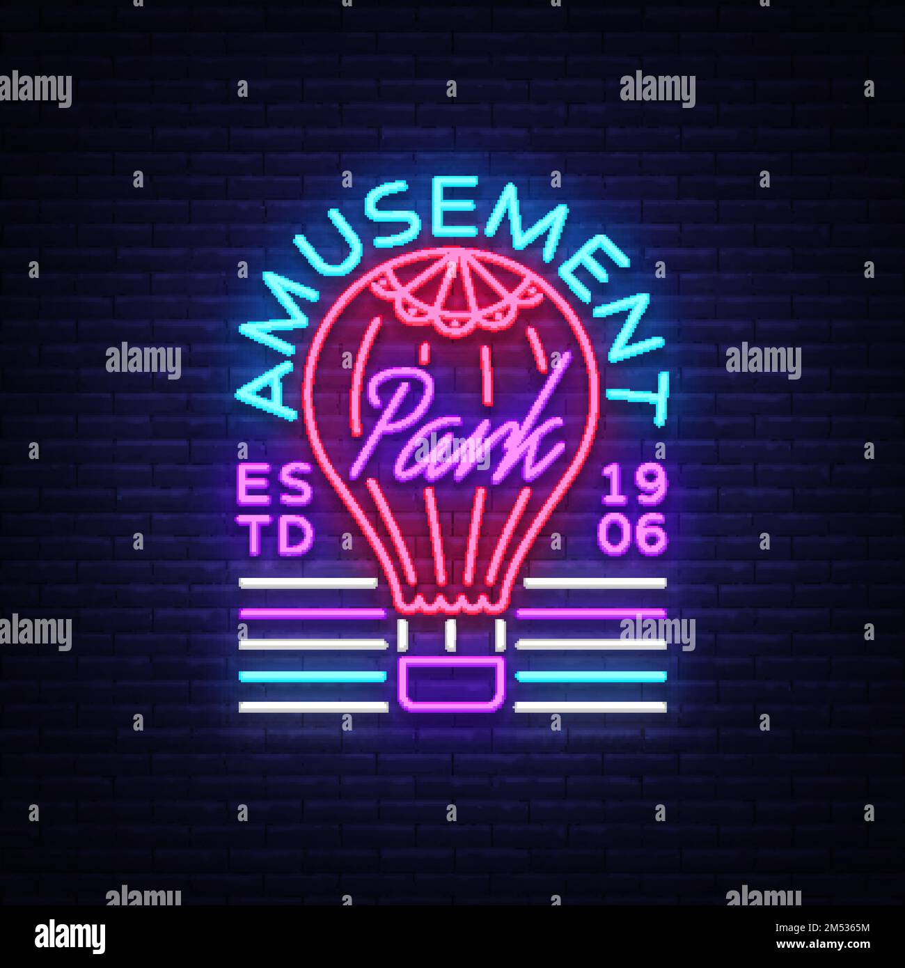 Amusement Park logo in neon style. Design template with a balloon. Neon ...