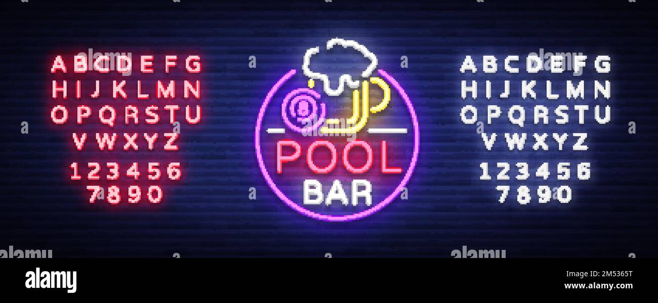 Pool bar logo in neon style. Neon sign design template for Billiard bar ...