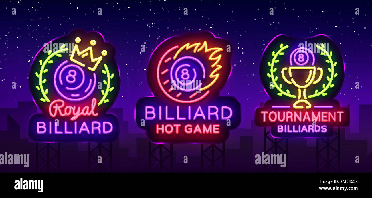 Billiards collection of logos neon style. Neon signs set design ...