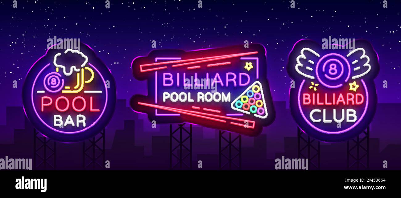 Billiards set of neon signs. Collection Design Patterns Bright neon ...