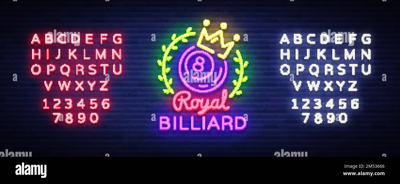 Billiards neon sign. Royal Billiards logo in neon style, light banner ...