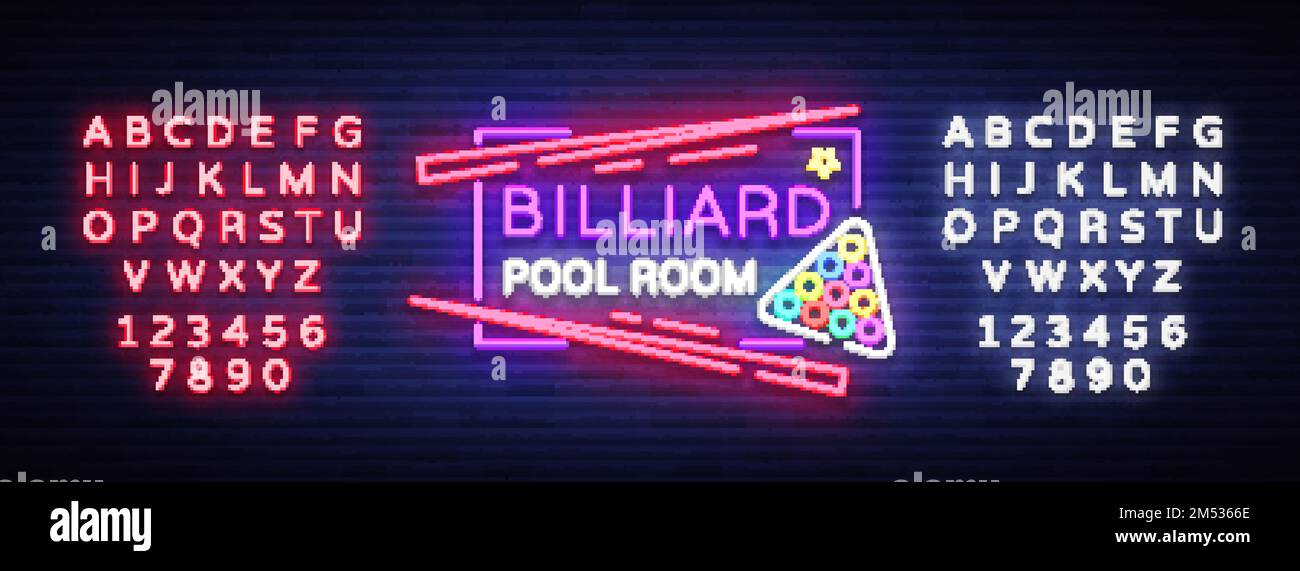 Billiard club neon sign. Billiard pool room Design template Bright neon ...