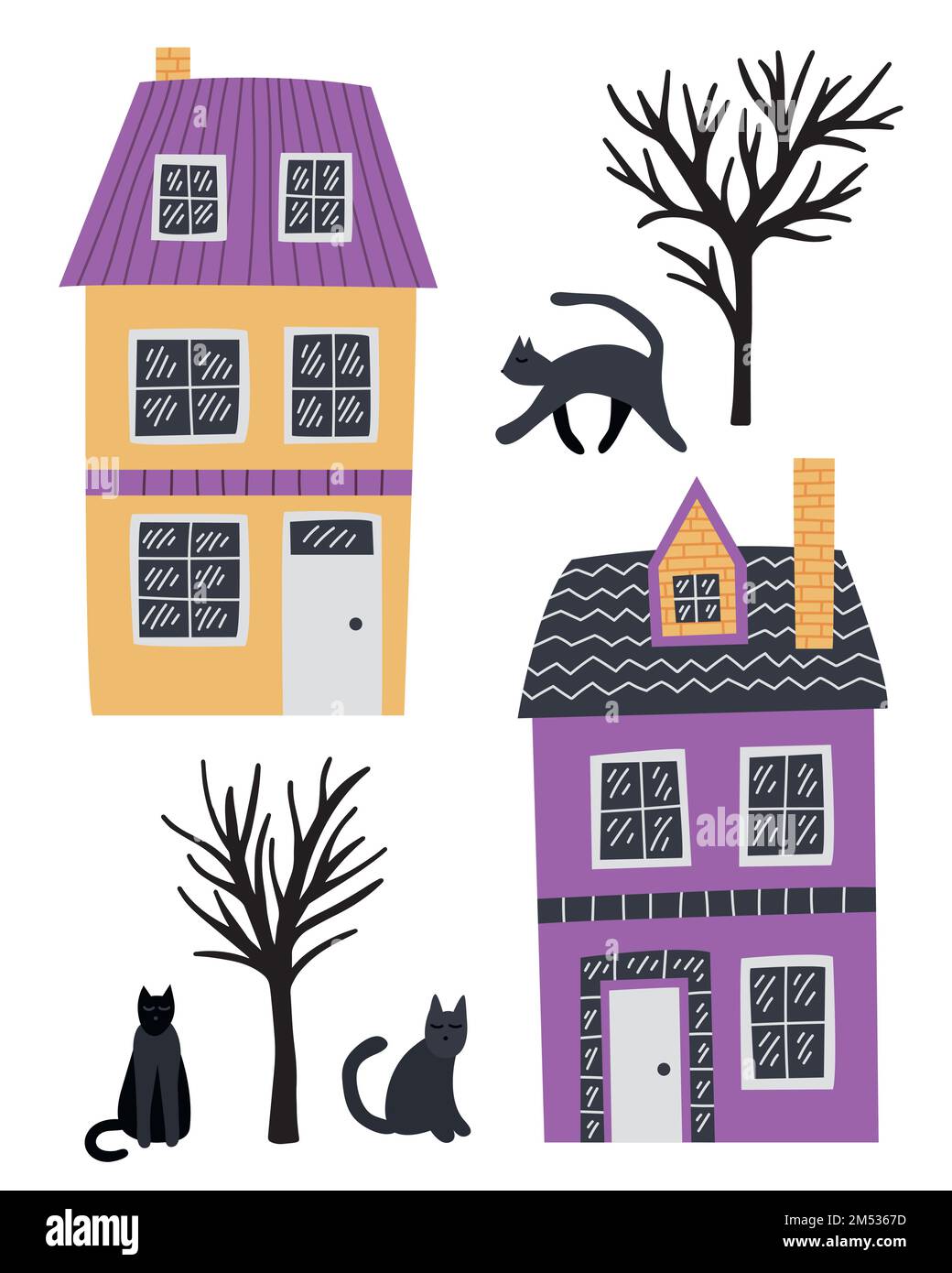 Cute vector country houses and blac cats set Stock Vector Image & Art ...
