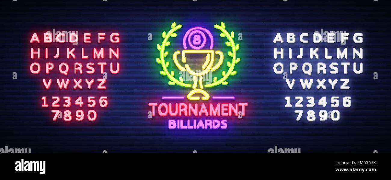 Billiards Tournament logo neon style. Neon sign Design Template for ...