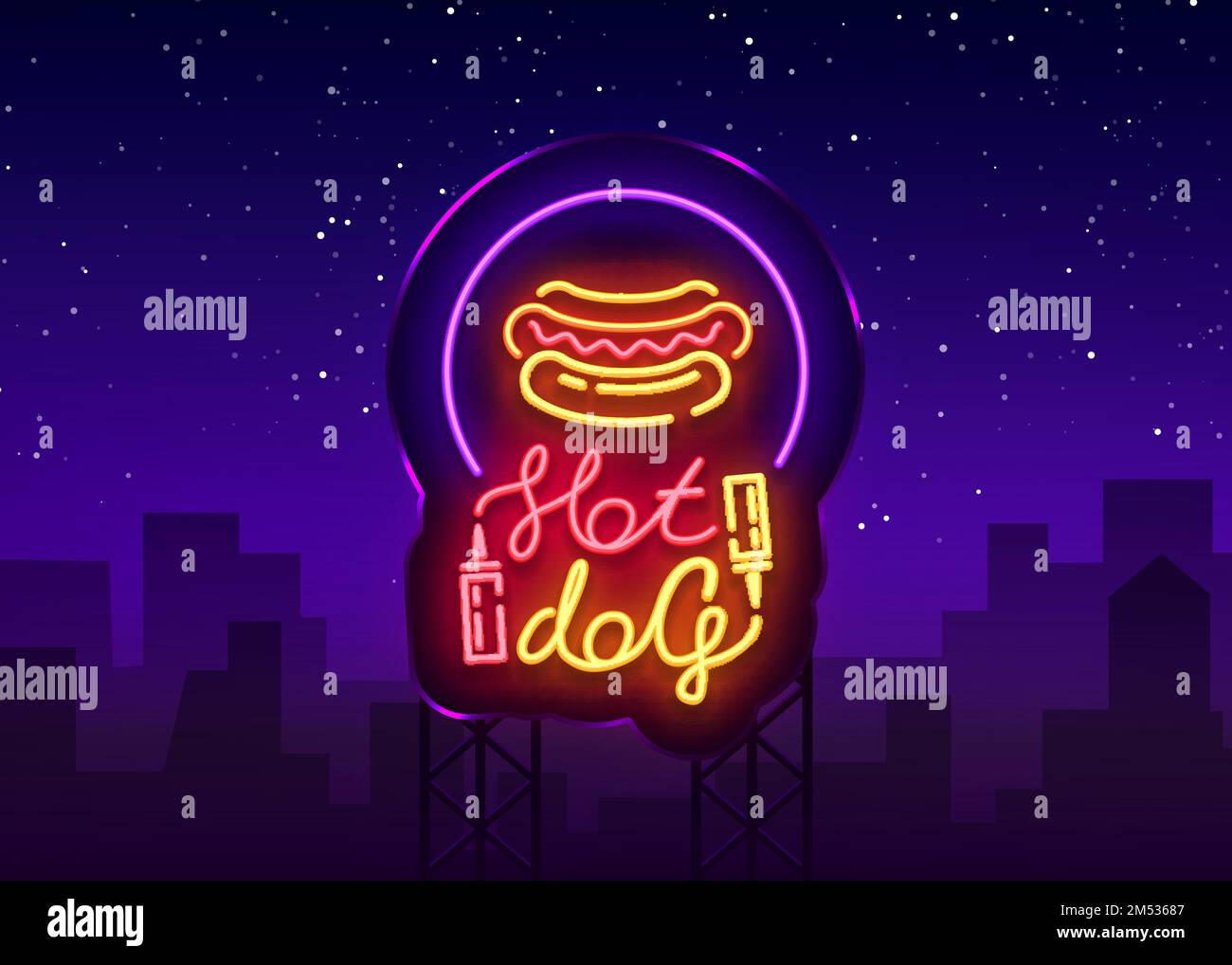 Hot dog logo in neon style design template. Hot dog neon signs, light ...