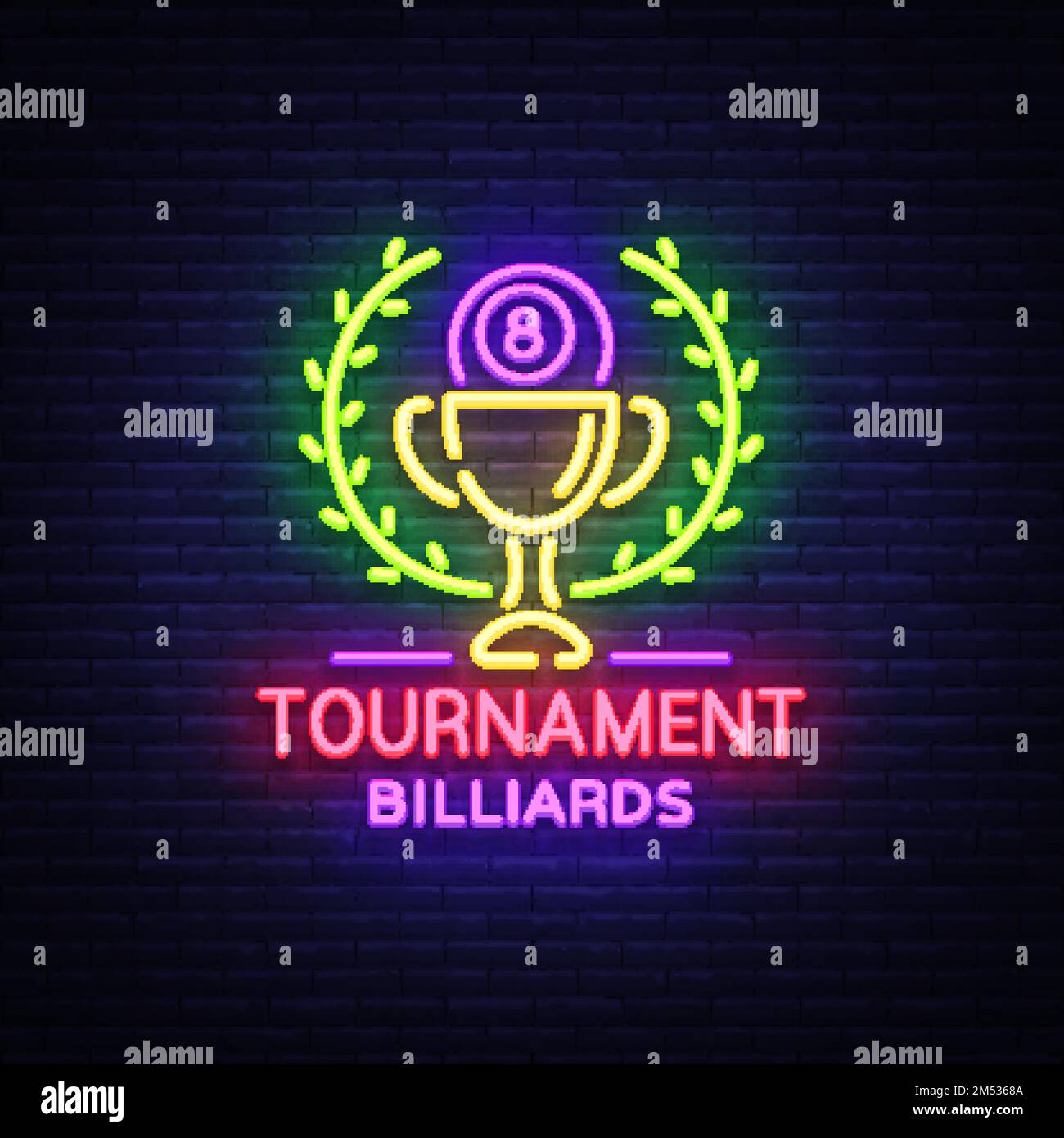 Billiards Tournament logo in neon style. Neon sign Design Template for ...