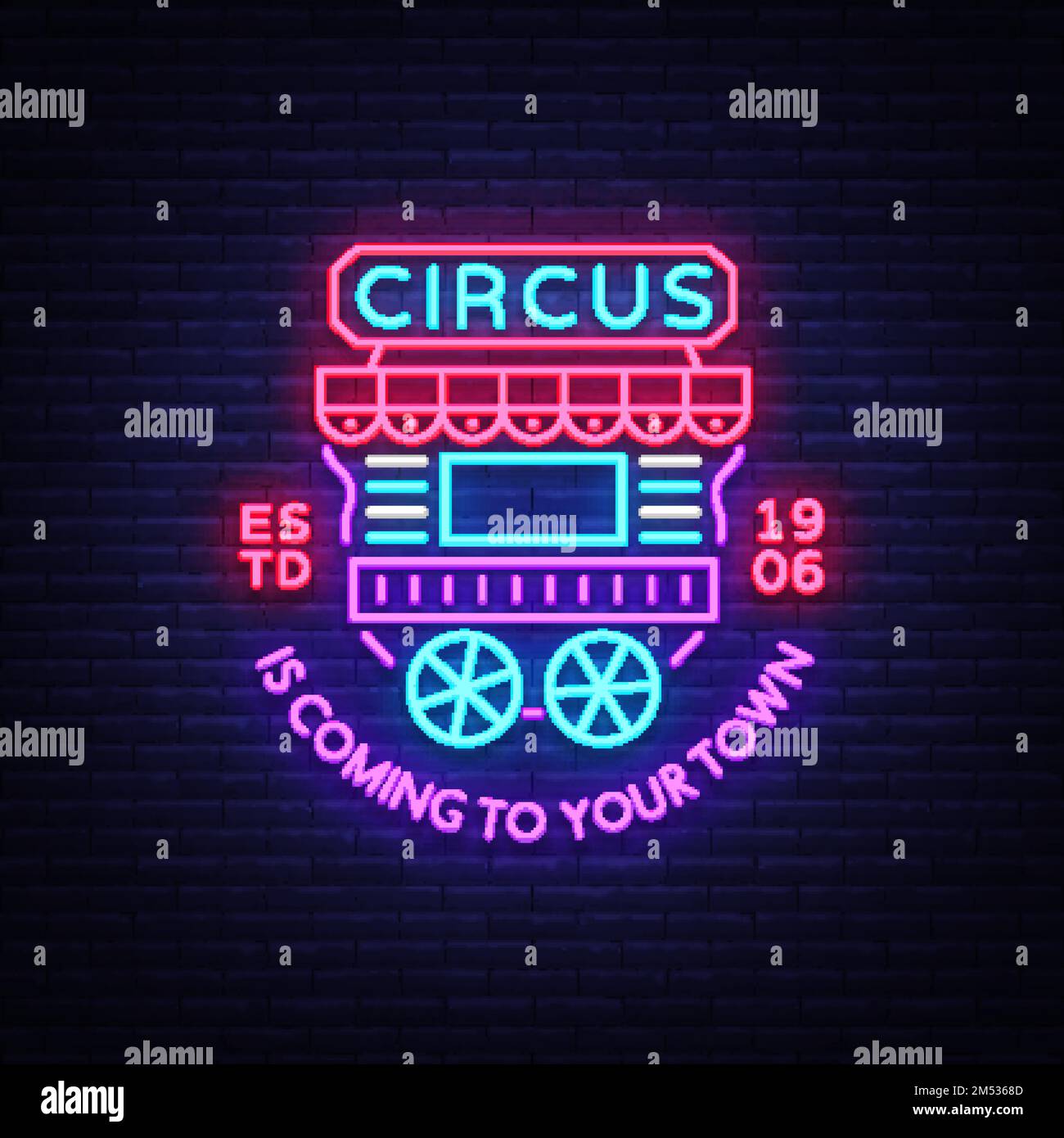 Circus truck logo in neon style. Design template with trailers. Neon ...