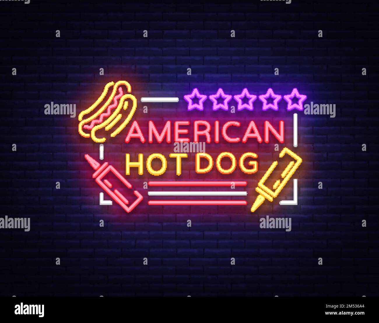 Hot dog logo in neon style design template. Hot dog neon signs, light ...