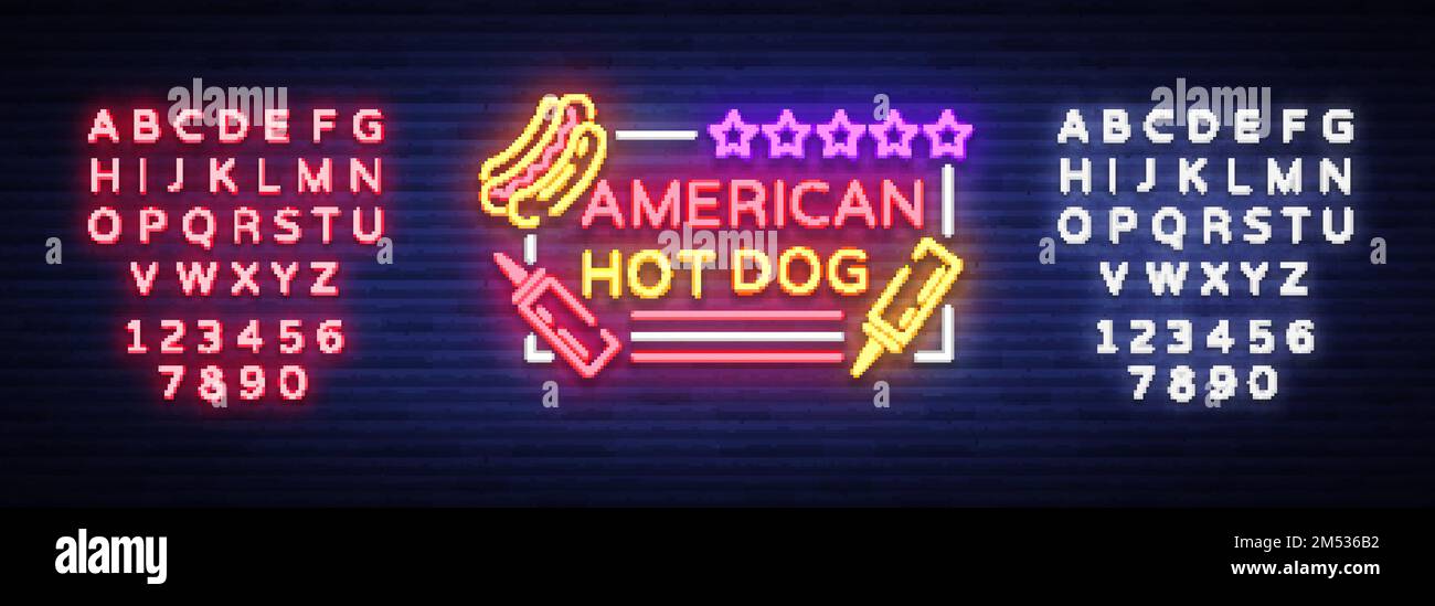 Hot dog logo in neon style design template. Hot dog neon signs, light ...