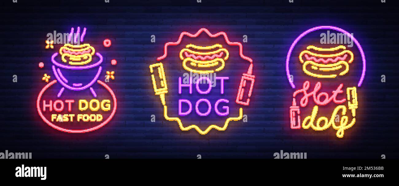 Hot dog collection neon signs vector. Hot dog set logos in neon style ...