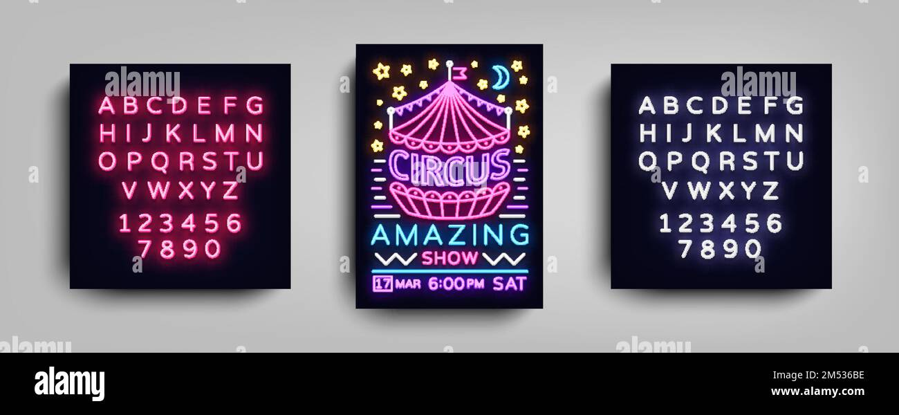 Circus poster design template in neon style. Circus Neon sign, tent ...
