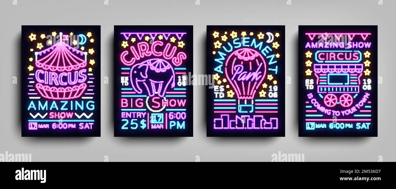 Circus Collection Of Posters Design Templates Neon Style Circus Set Of