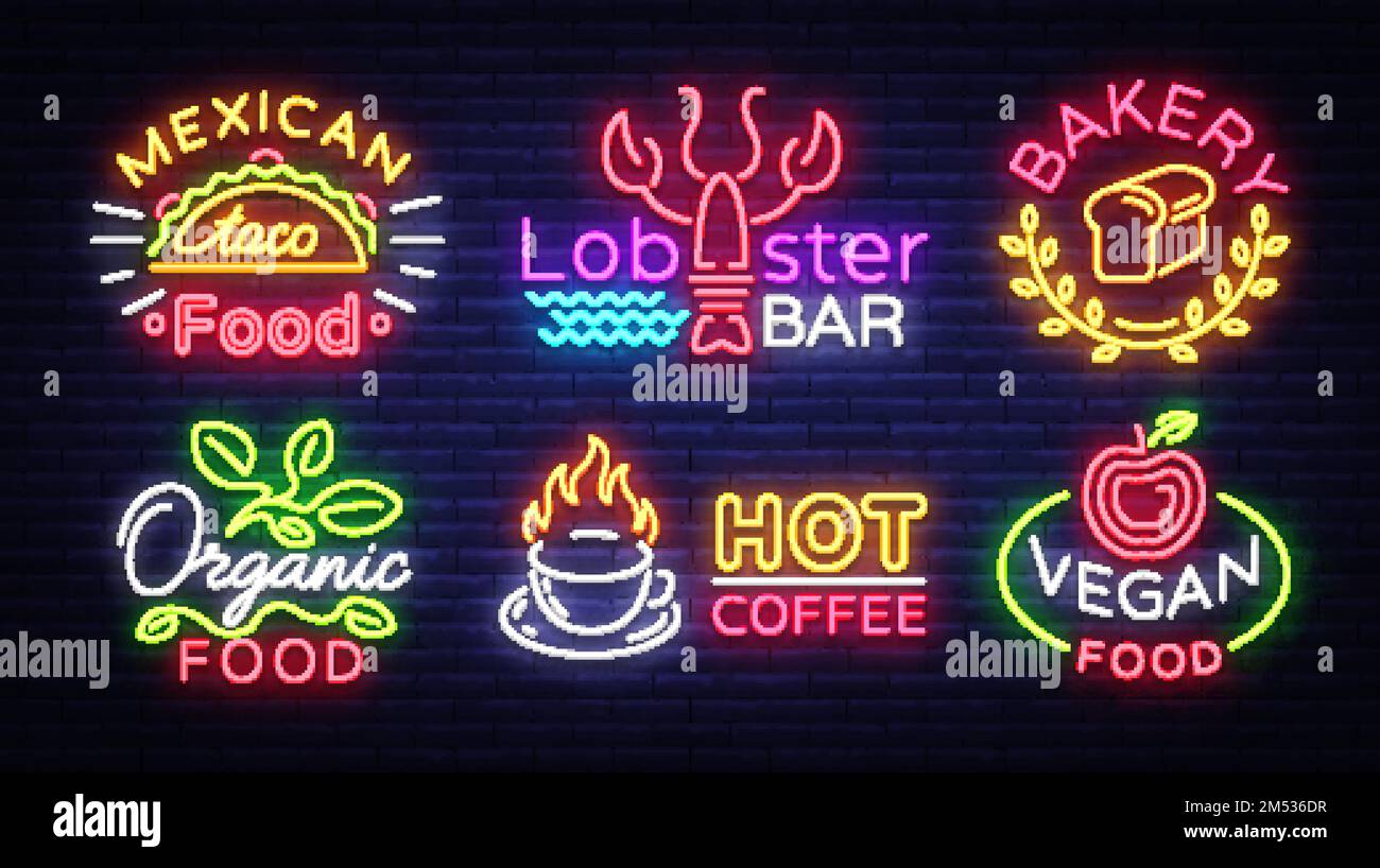 Big collection neon signs on theme food. Vector. Set bright food ...