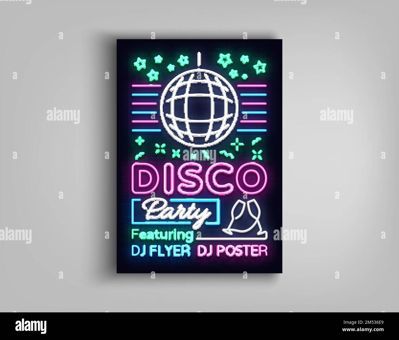 Disco party poster neon banner. Nightclub party, neon style flyer ...