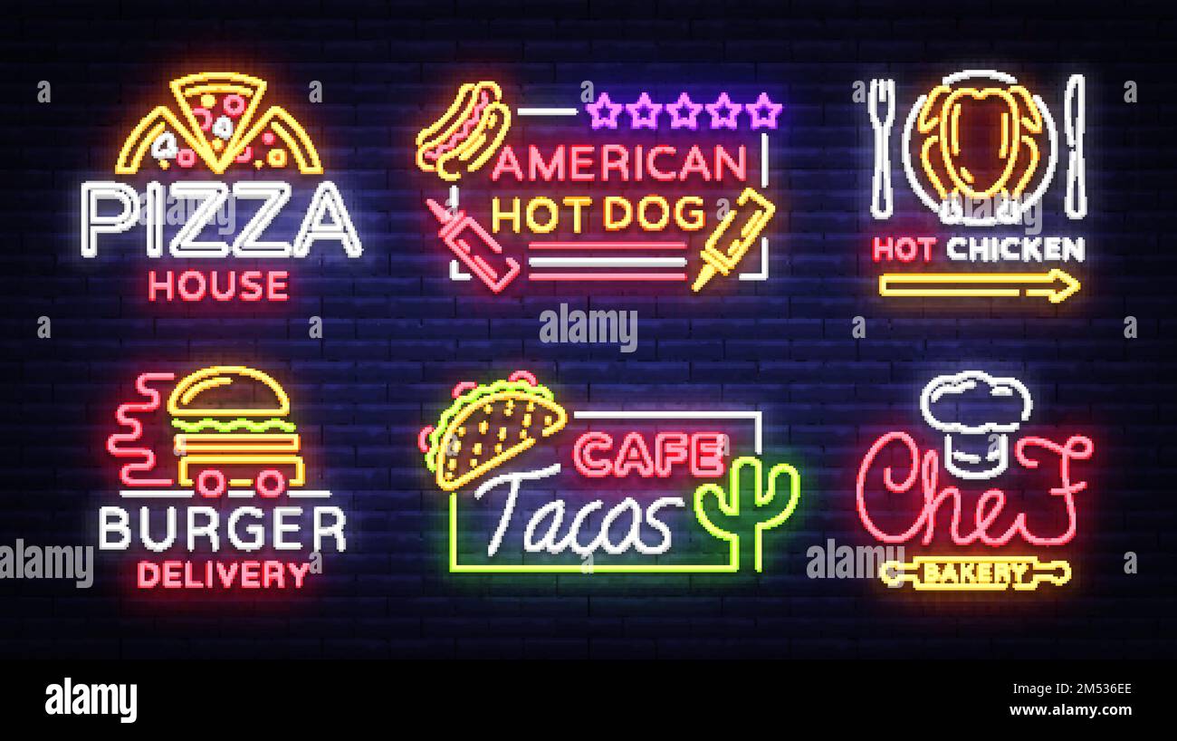 Food neon sign vector collection. Set neon logos, emblems, symbols ...