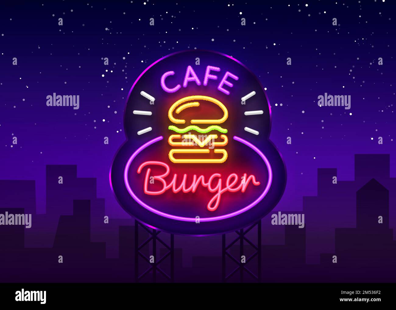 Burger cafe neon sign. Fastfood burger sandwich neon style logo, bright ...