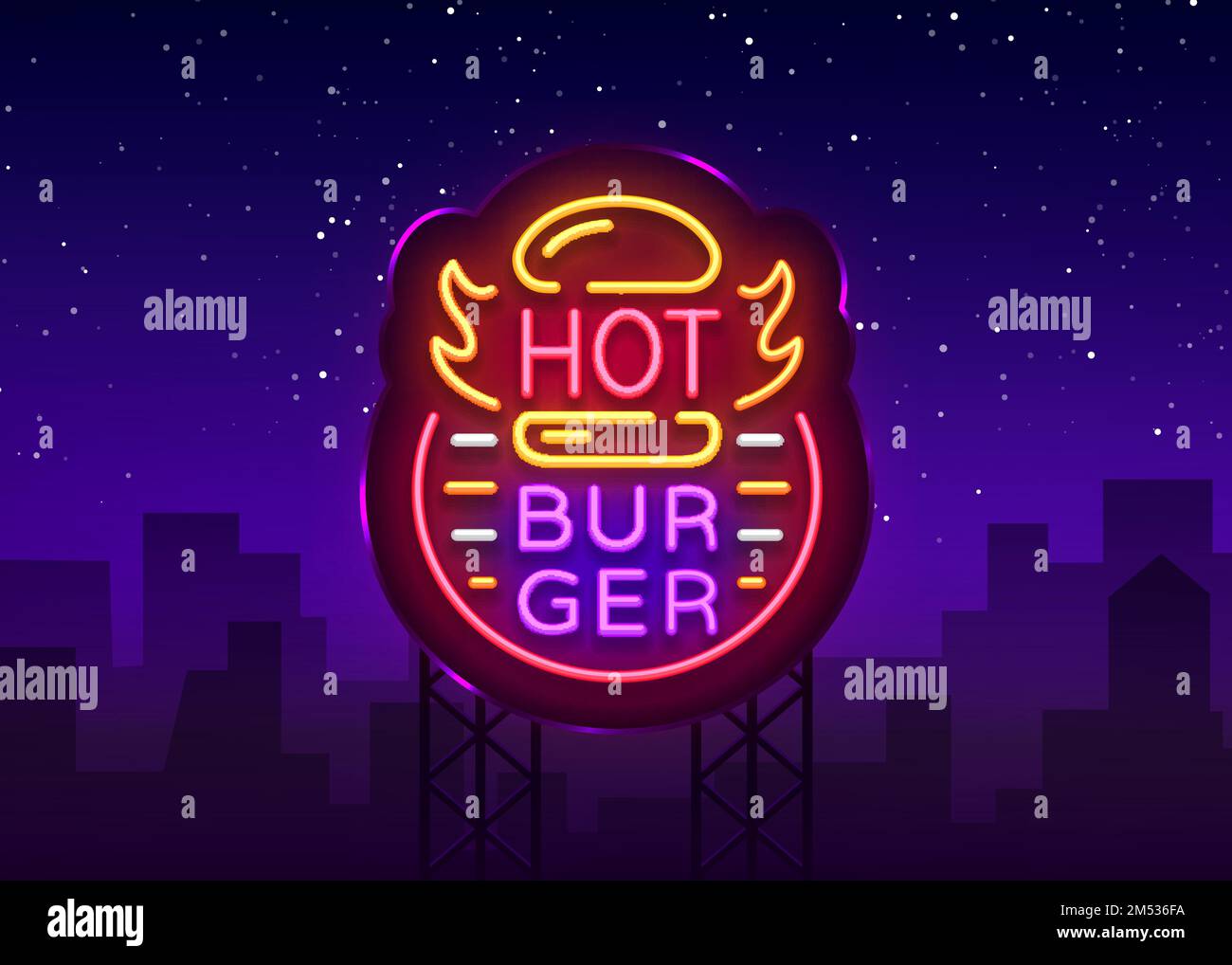 Hot Burger neon sign. Fastfood burger sandwich neon style logo, bright ...