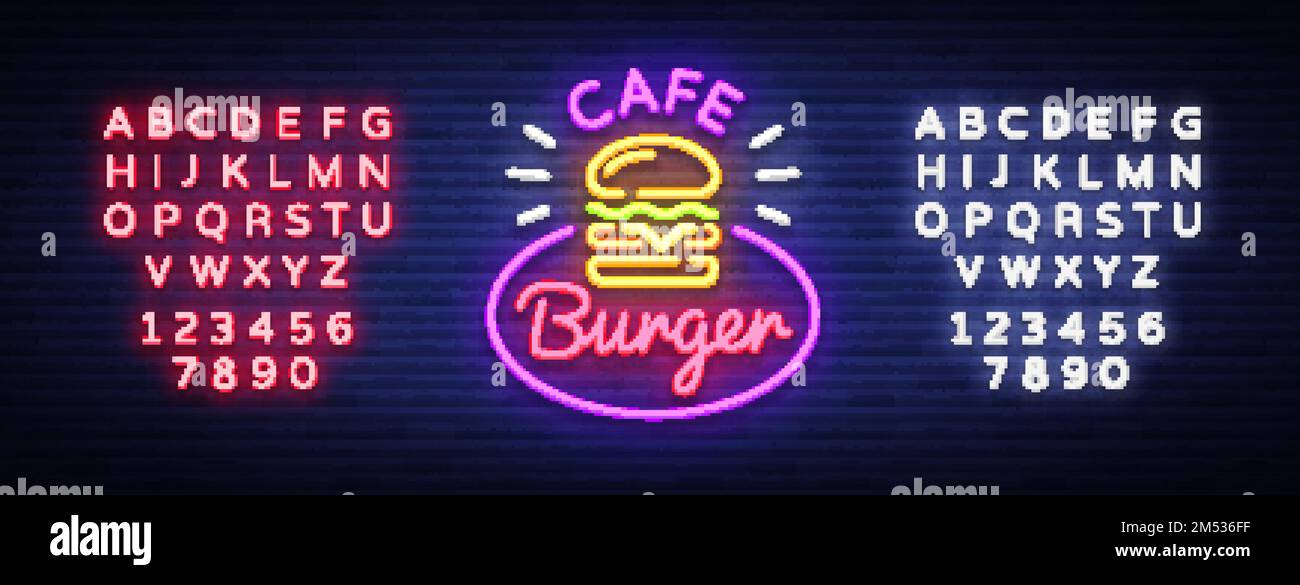 Burger cafe neon sign. Fastfood burger sandwich neon logo, bright ...
