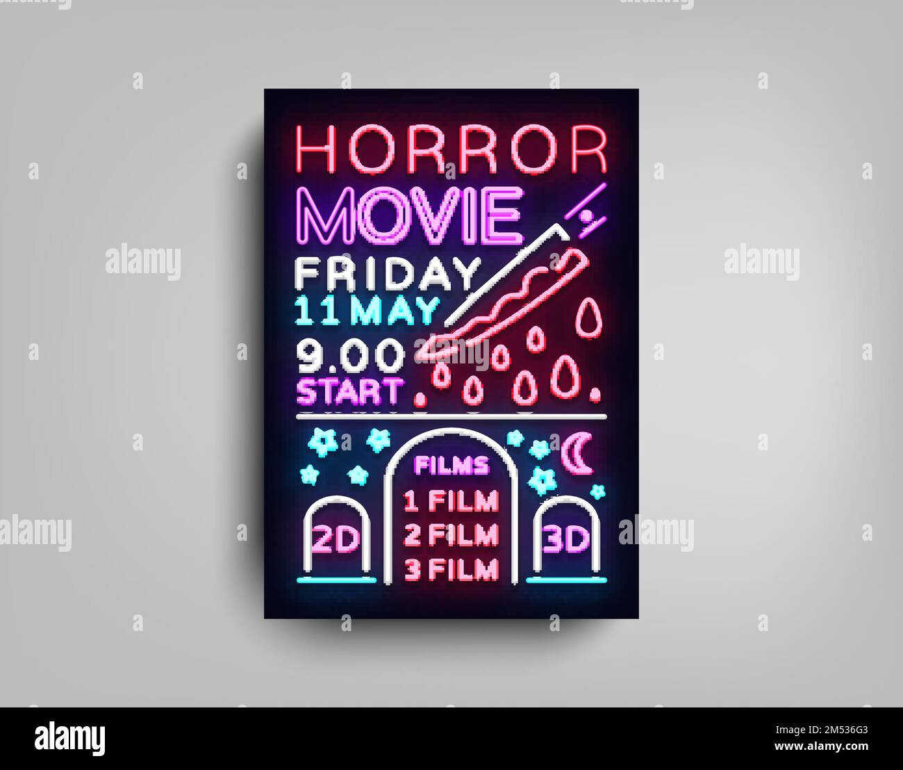 Horror movie postcard typography design neon template. Brochure in ...