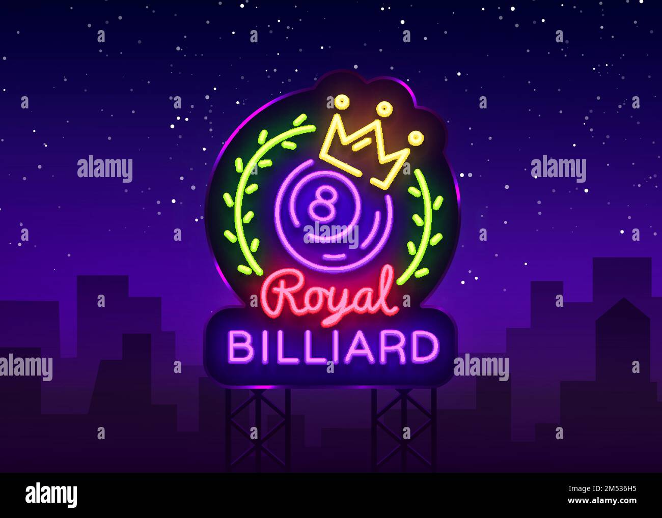 Billiards neon sign. Royal Billiards logo in neon style, light banner ...
